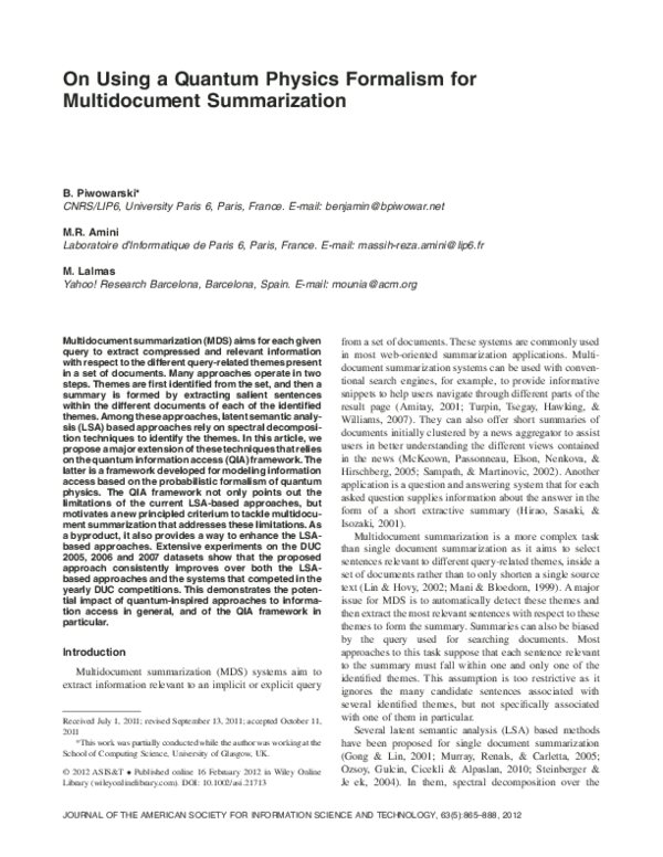 Pdf On Using A Quantum Physics Formalism For Multi Document Summarisation Benjamin