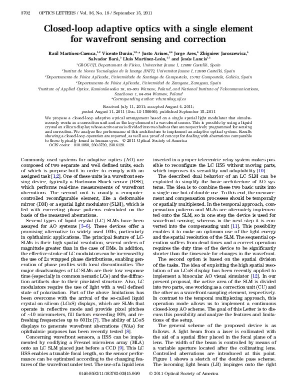 Pdf Closed Loop Adaptive Optics With A Single Element For Wavefront