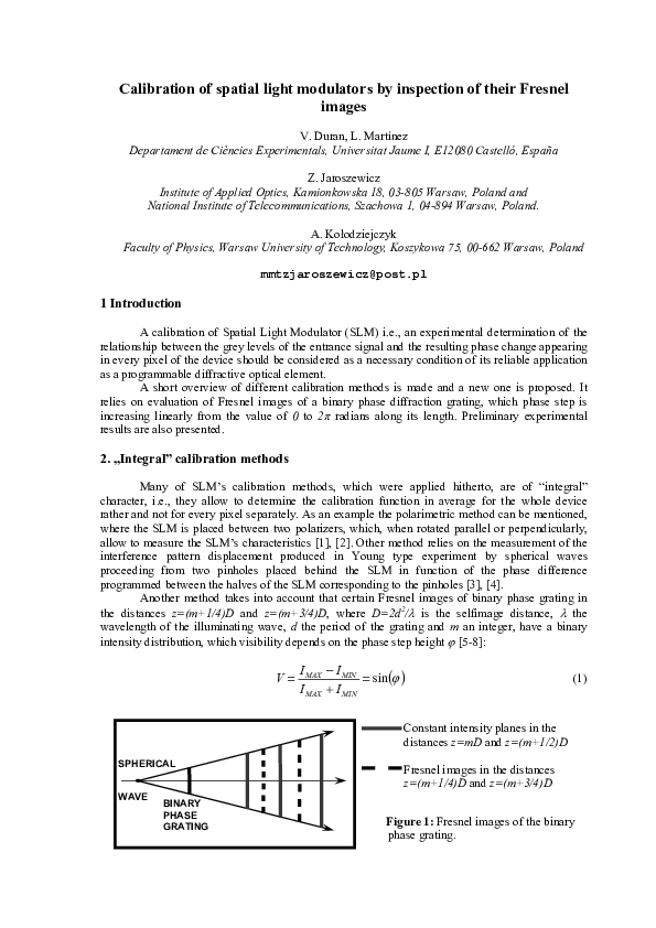 (PDF) Calibration of spatial light modulators by inspection of their Fresnel images