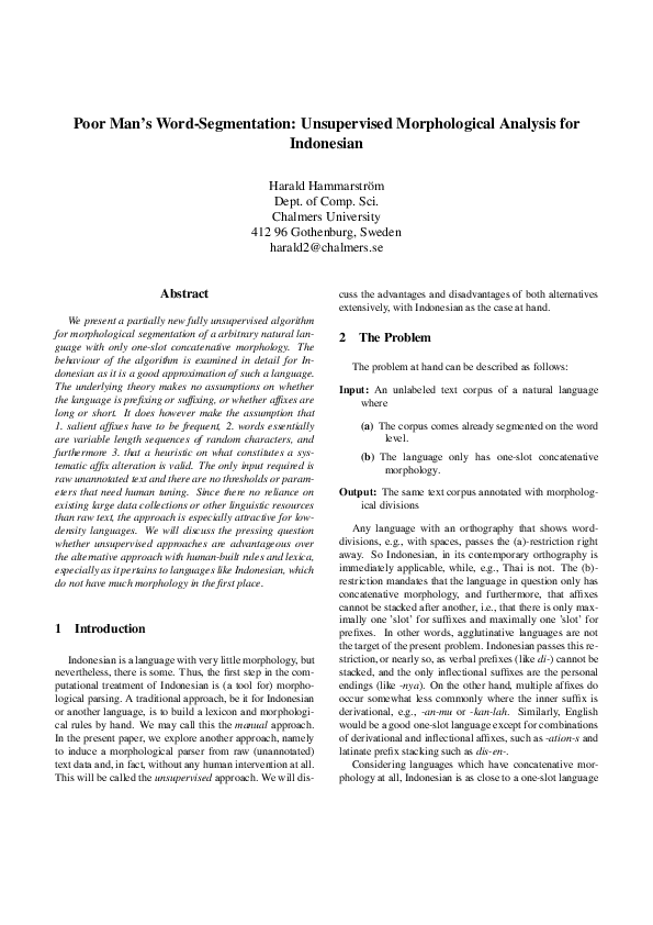 (PDF) Poor man’s word-segmentation: Unsupervised morphological analysis for Indonesian