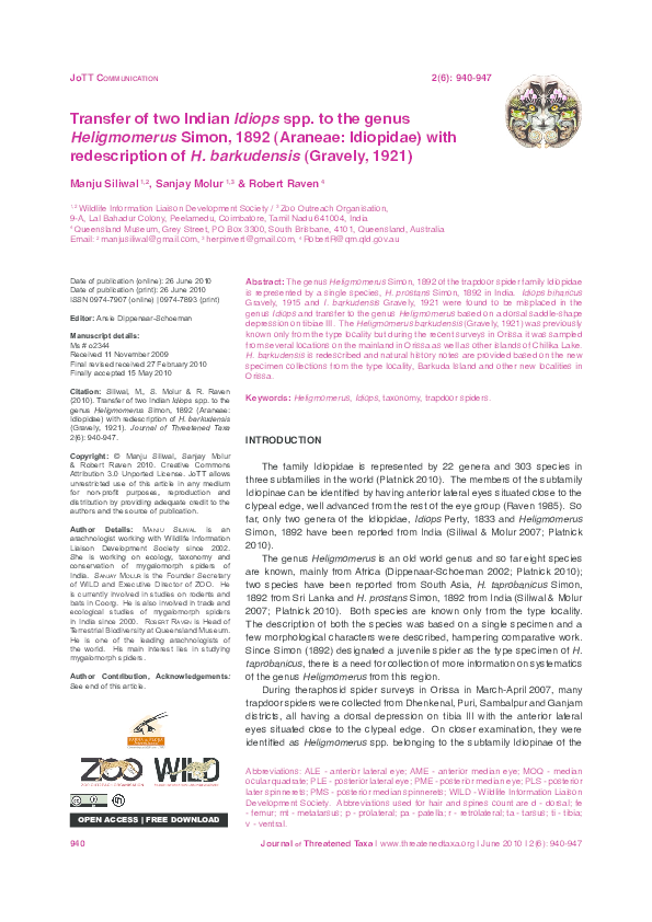 (PDF) Transfer of two Indian Idiops spp. to the genus Heligmomerus ...