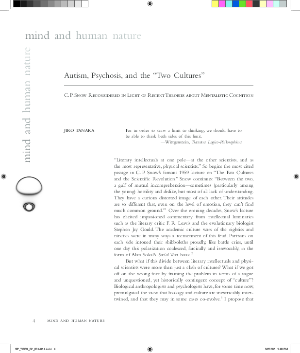 (PDF) Autism, Psychosis, and the "Two Cultures." C.P. Snow Reconsidered ...