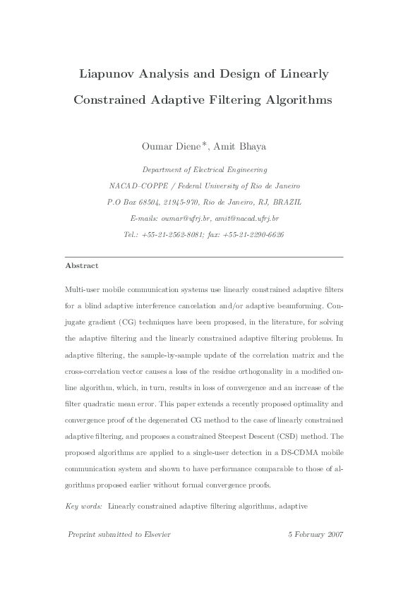 Pdf Liapunov Analysis And Design Of Linearly Constrained Adaptive Filtering Algorithms