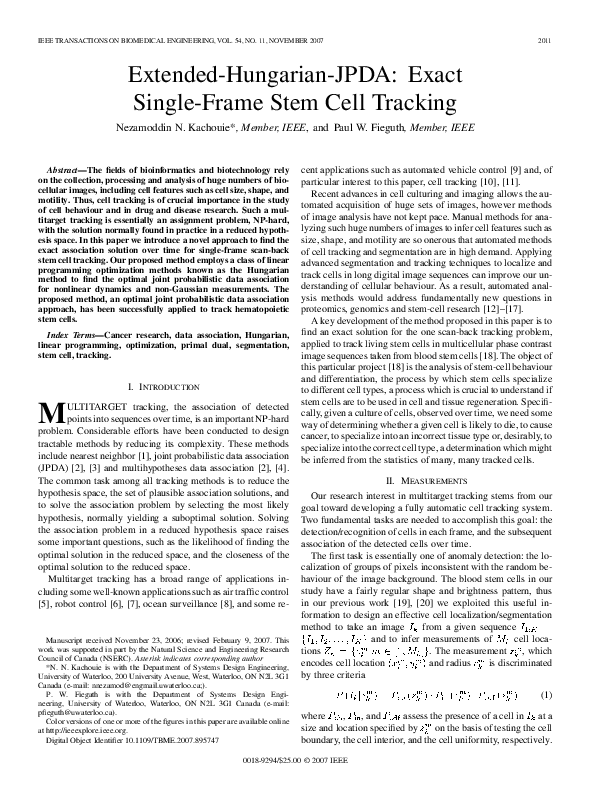 (PDF) Extended-Hungarian-JPDA: Exact single-frame stem cell tracking