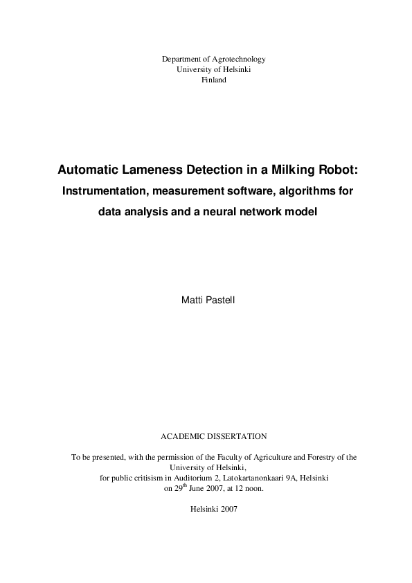 (PDF) Automatic Lameness Detection in a Milking Robot: Instrumentation, measurement software ...