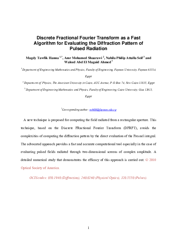 Pdf Discrete Fractional Fourier Transform As A Fast Algorithm For Evaluating The Diffraction