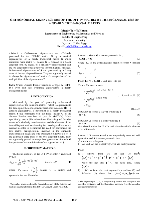 (PDF) Orthonormal eigenvectors of the DFT-IV matrix by the eigenanalysis of a nearly tridiagonal ...