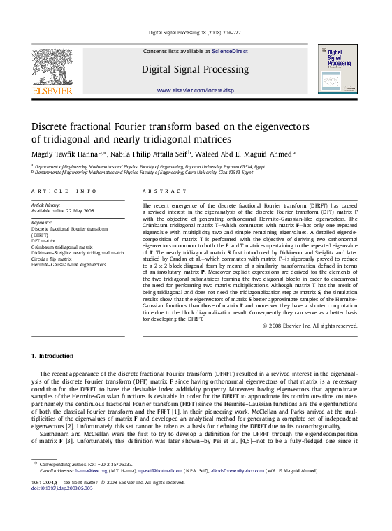 Pdf Discrete Fractional Fourier Transform Based On The Eigenvectors