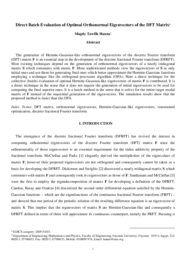 (PDF) Direct batch evaluation of optimal orthonormal eigenvectors of the DFT matrix