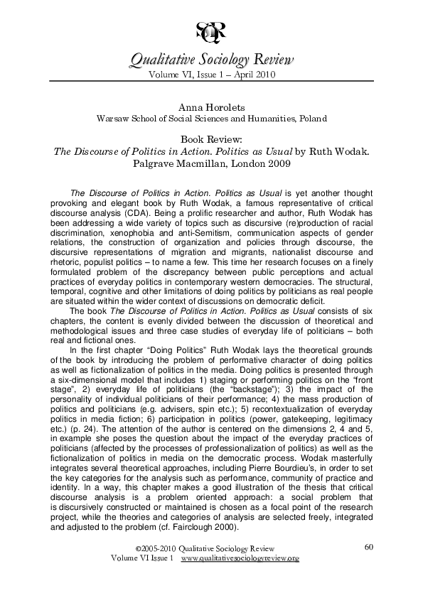 (PDF) Book Review: Ruth Wodak. 2009. The Discourse of Politics in ...