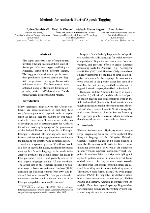 (PDF) Methods for Amharic part-of-speech tagging (PDF) Methods for Amharic part-of-speech tagging