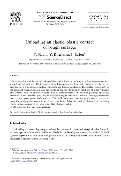 (PDF) Unloading an elastic–plastic contact of rough surfaces