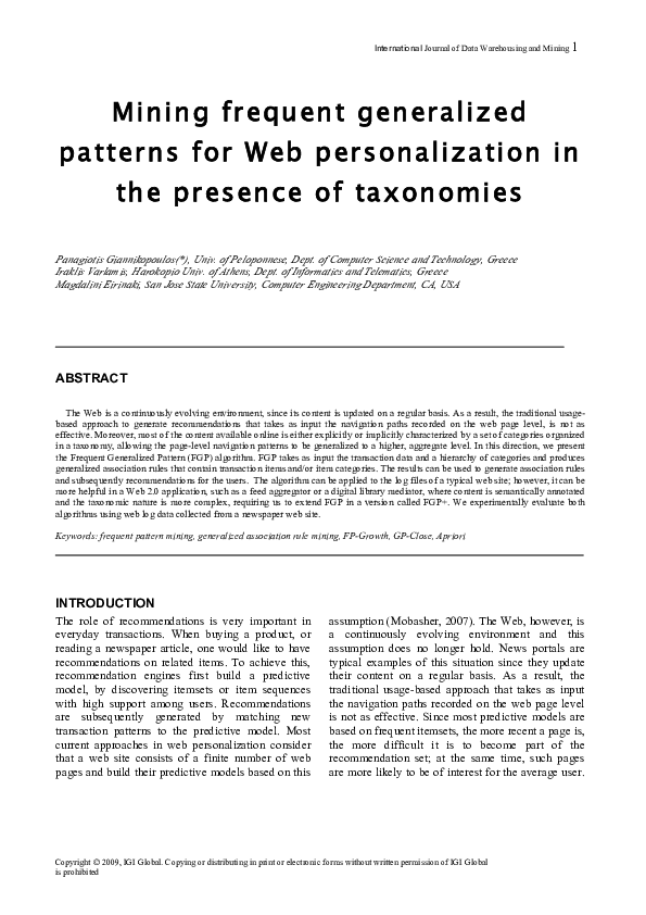 (PDF) Mining Frequent Generalized Patterns for Web Personalization in the Presence of Taxonomies