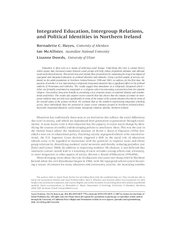 (PDF) Integrated Education, Intergroup Relations, and Political ...