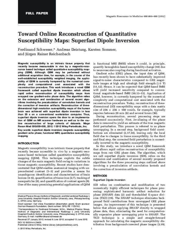 (PDF) Toward online reconstruction of quantitative susceptibility maps: Superfast dipole inversion