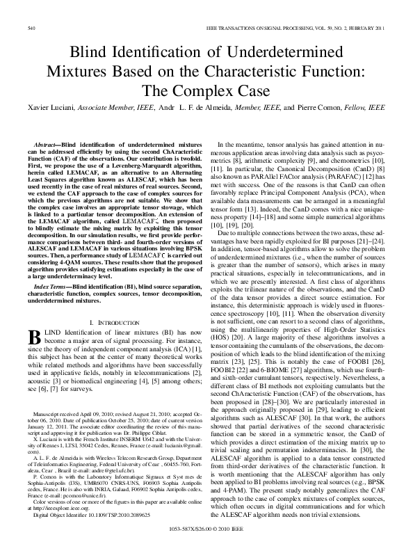 (PDF) Blind Identification of Underdetermined Mixtures Based on the ...