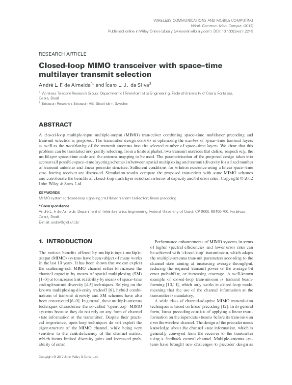 (PDF) Closed-loop MIMO Transceiver with Space-Time Multilayer Transmit Selection