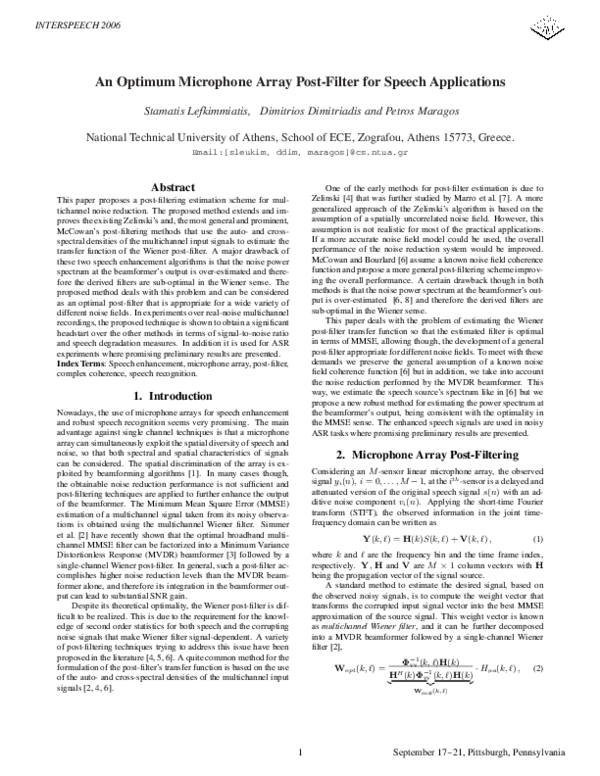 Pdf An Optimum Microphone Array Post Filter For Speech Applications