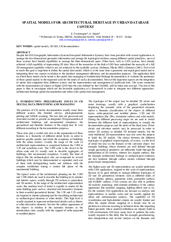 Spatial Models for Architectural Heritage in Urban Database Context
