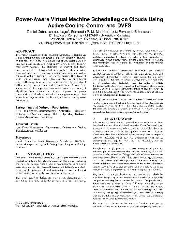 (PDF) Power-Aware Virtual Machine Scheduling on Clouds Using Active Cooling Control and DVFS