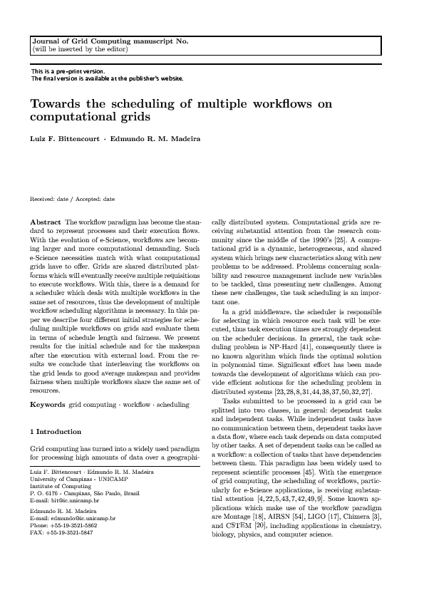 Pdf Towards The Scheduling Of Multiple Workflows On Computational Grids