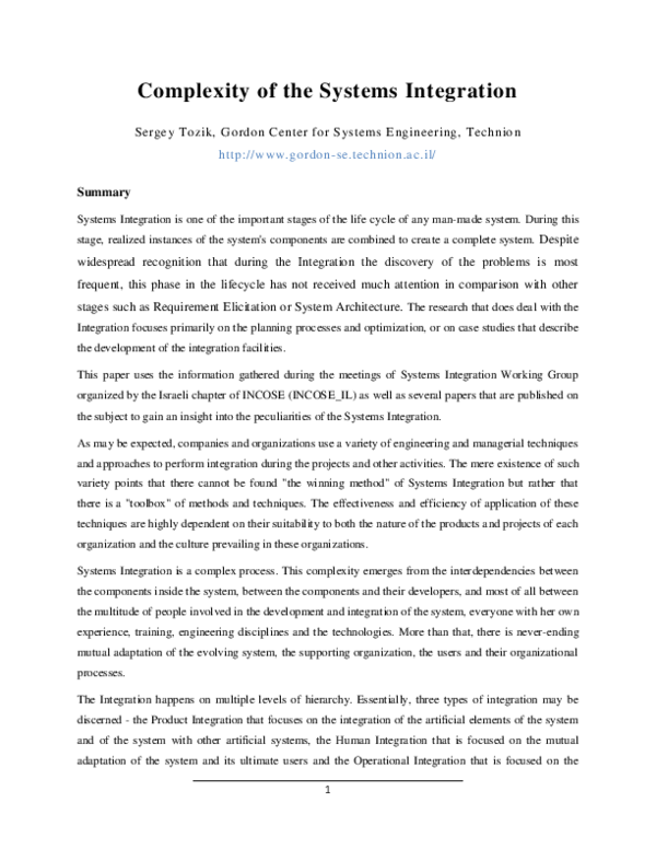 (PDF) Complexity of the Systems Integration