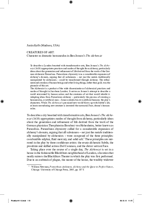 (PDF) CREATURES OF ART: Character as dramatic homunculus in Ben Jonson ...