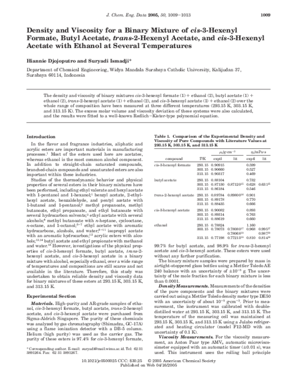 Pdf Density And Viscosity For A Binary Mixture Of Cis 3 Hexenyl