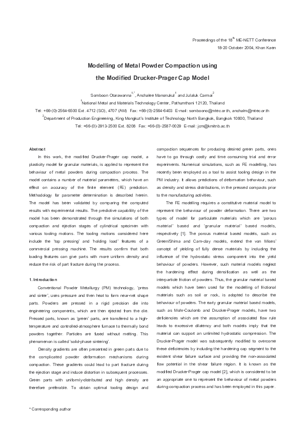 Pdf Modelling Of Metal Powder Compaction Using The Modified Drucker Prager Cap Model