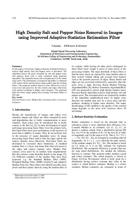 Pdf High Density Salt And Pepper Noise Removal In Images Using Improved Adaptive Statistics