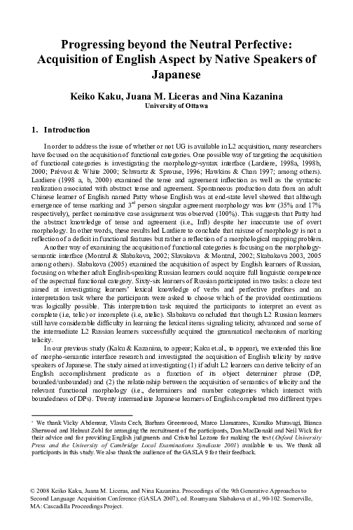 (PDF) Progressing beyond the Neutral Perfective: Acquisition of English Aspect by Native ...