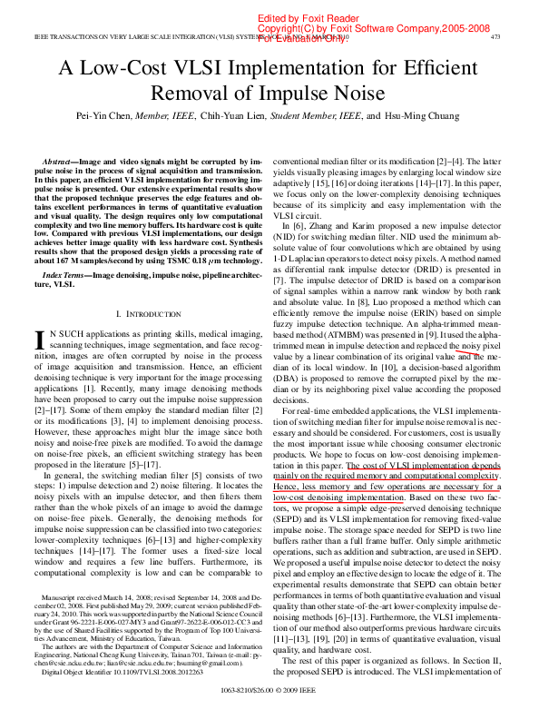 Pdf A Low Cost Vlsi Implementation For Efficient Removal Of Impulse Noise