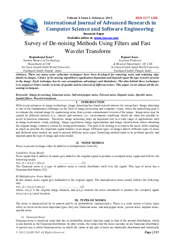 Pdf Survey Of De Noising Methods Using Filters And Fast Wavelet Transform