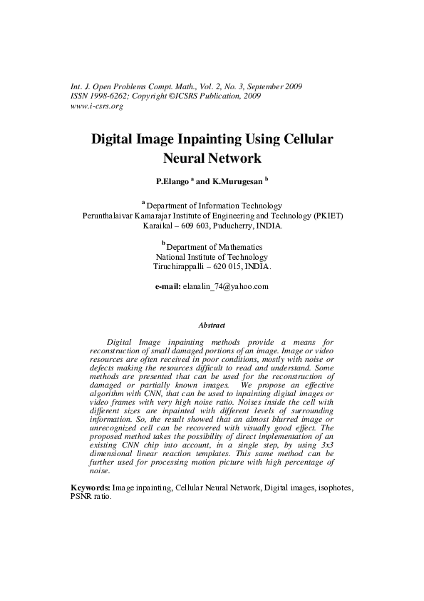 (PDF) Digital Image Inpainting Using Cellular Neural Network