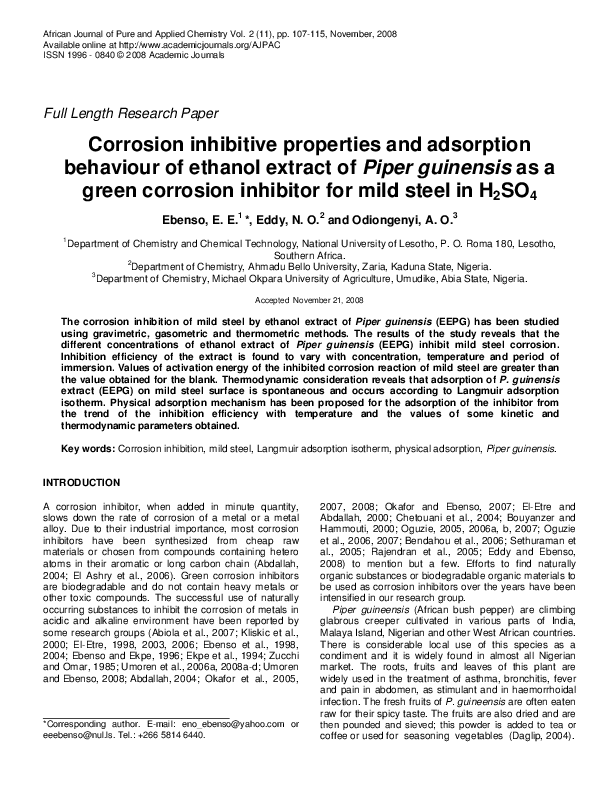 (PDF) Corrosion inhibitive properties and adsorption behaviour of ethanol extract of Piper ...