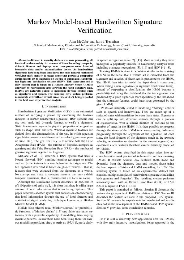(PDF) Markov Model-Based Handwritten Signature Verification