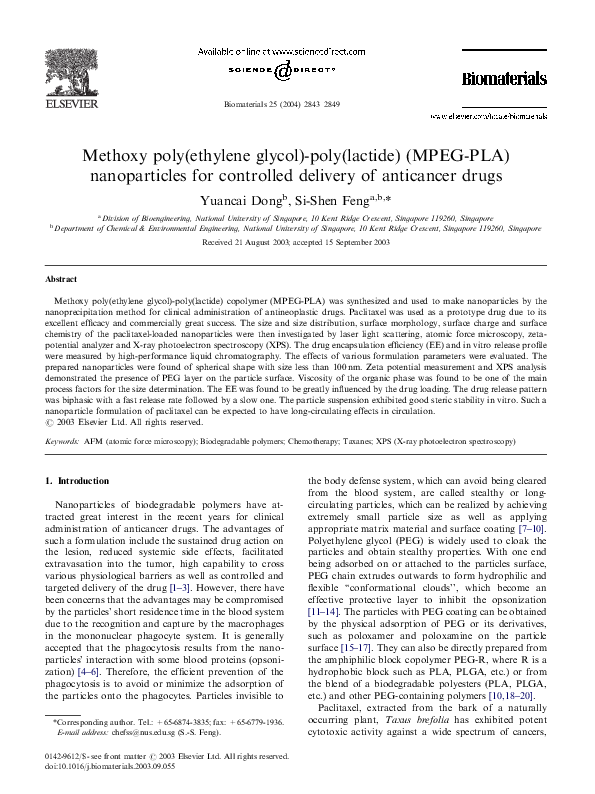 (PDF) Methoxy poly (ethylene glycol)-poly (lactide)(MPEG-PLA) nanoparticles for controlled ...