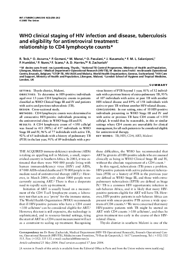 (PDF) WHO clinical staging of HIV infection and disease, tuberculosis ...
