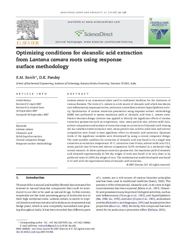 (PDF) Optimizing conditions for oleanolic acid extraction from Lantana camara roots using ...