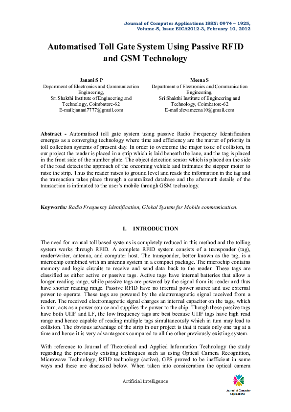 (PDF) Automatised Toll Gate System Using Passive RFID and GSM Technology