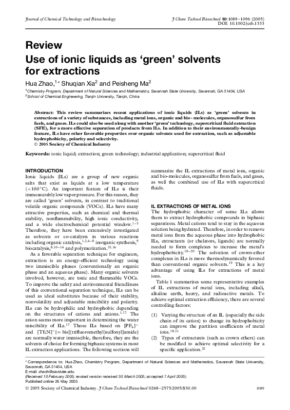 (PDF) Use of ionic liquids as 'green'solvents for extractions