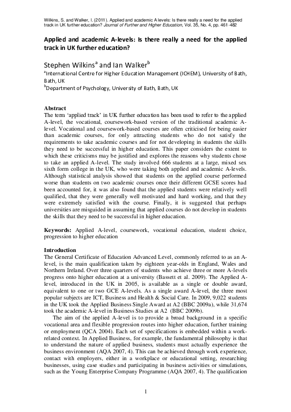 (PDF) Applied and academic A levels: is there really a need for the ...