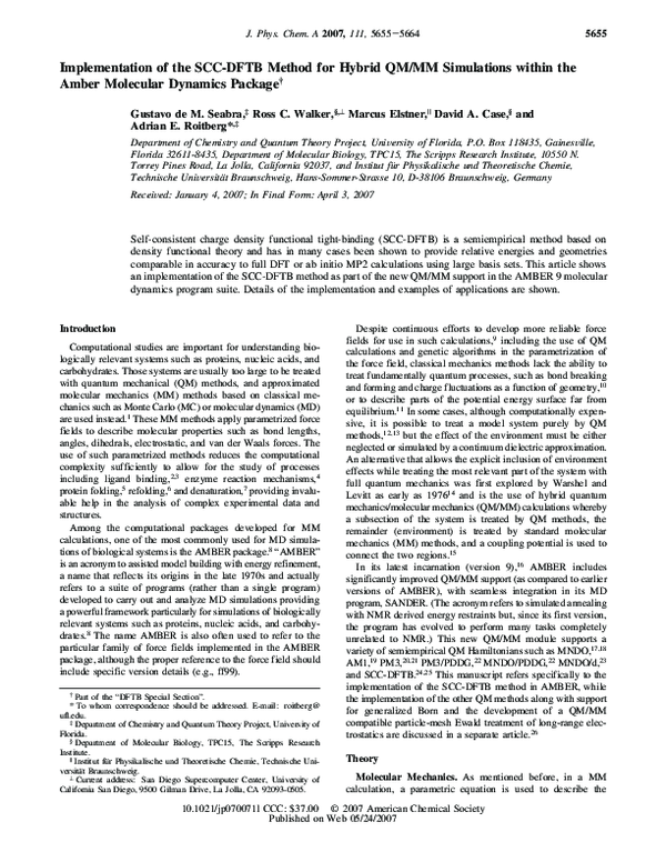 Pdf Implementation Of The Scc Dftb Method For Hybrid Qmmm Simulations Within The Amber