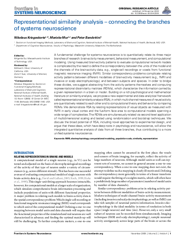 (PDF) Representational similarity analysis–connecting the branches of ...