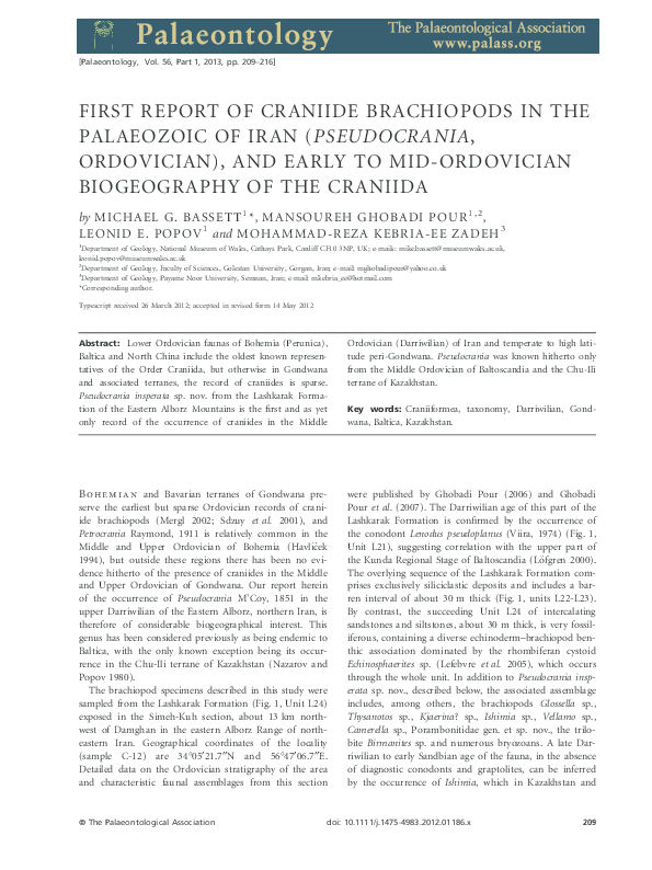(PDF) First Report of craniide brachiopods in the Palaeozoic of Iran ...