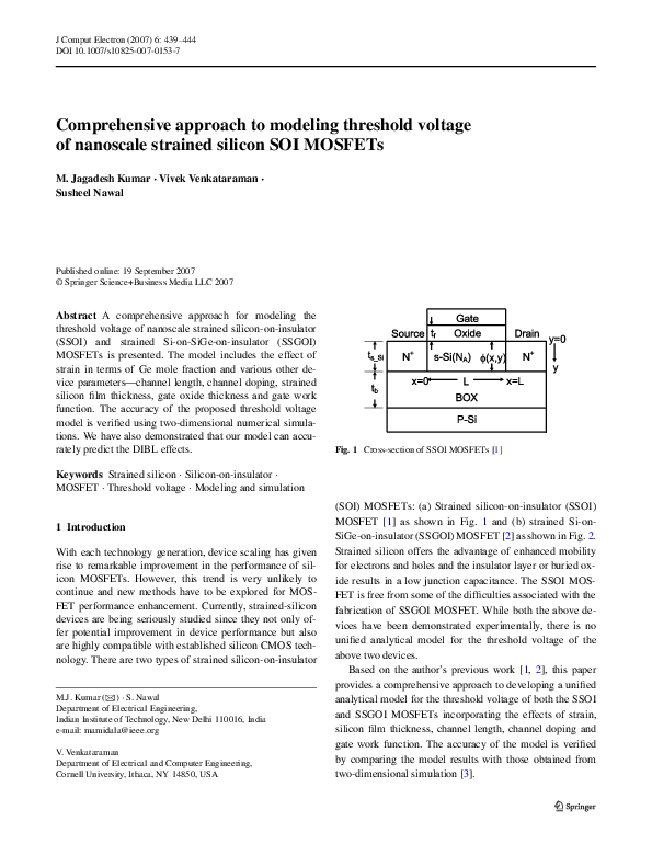 (PDF) Comprehensive approach to modeling threshold voltage of nanoscale strained silicon SOI MOSFETs