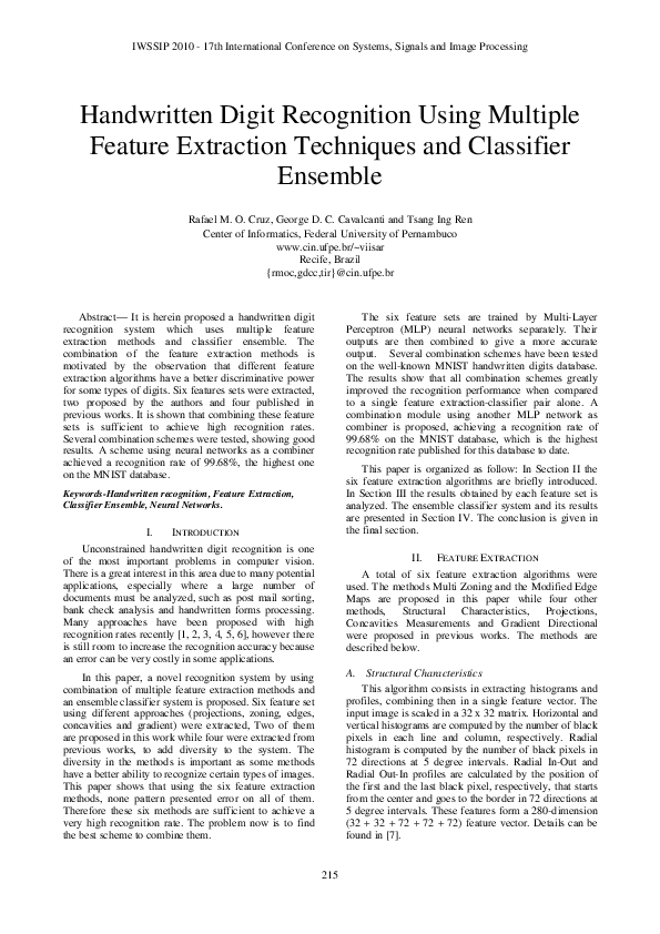 (PDF) Handwritten digit recognition using multiple feature extraction ...