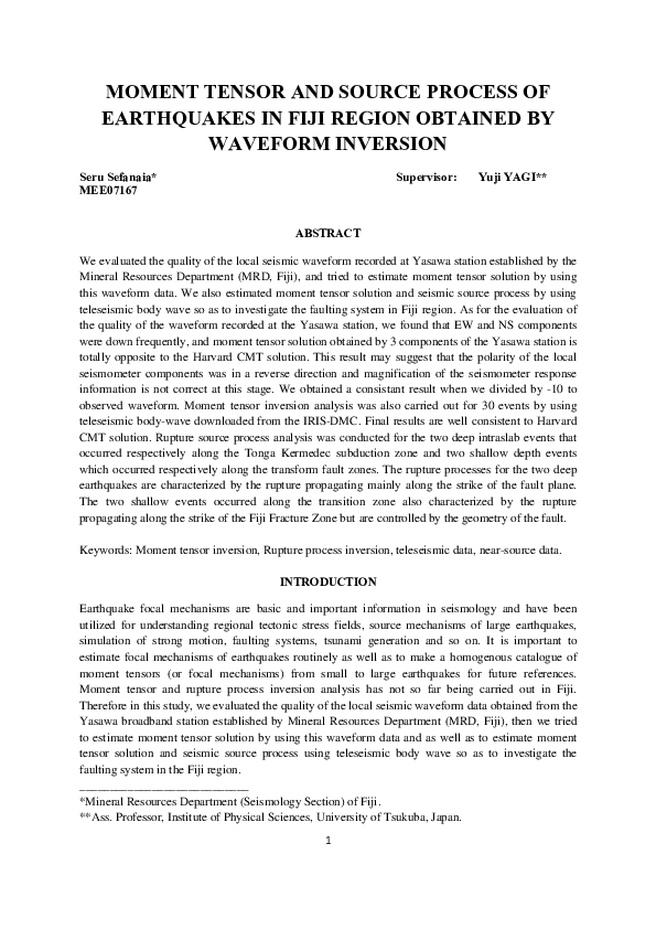 (PDF) MOMENT TENSOR AND SOURCE PROCESS OF EARTHQUAKES IN FIJI REGION OBTAINED BY WAVEFORM INVERSION