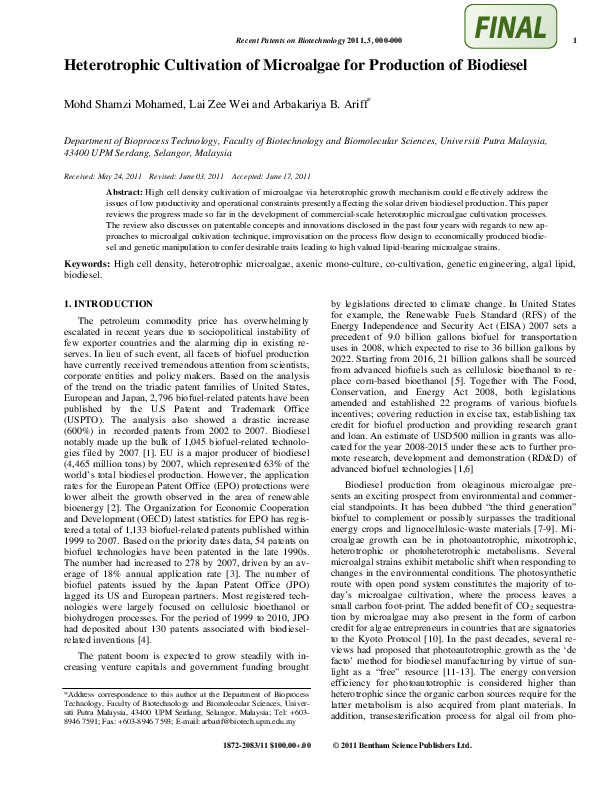 Pdf Heterotrophic Cultivation Of Microalgae For Production Of Biodiesel