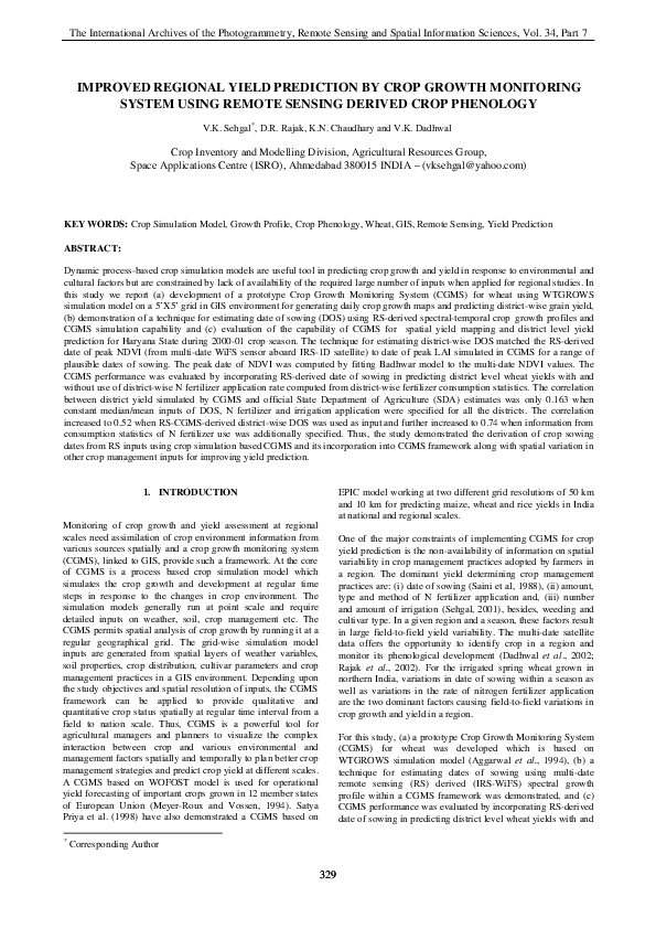 Pdf Improved Regional Yield Prediction By Crop Growth Monitoring System Using Remote Sensing